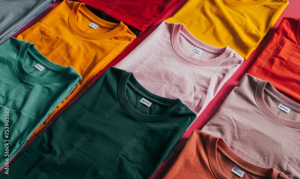 T-shirts in a variety of colors, arranged in a clean and orderly manner ...