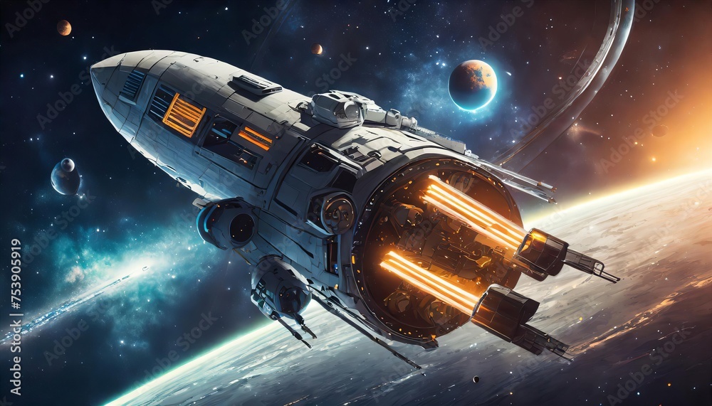 Generated image of a futuristic spacecraft exploring uncharted galaxies, inspired by space ...