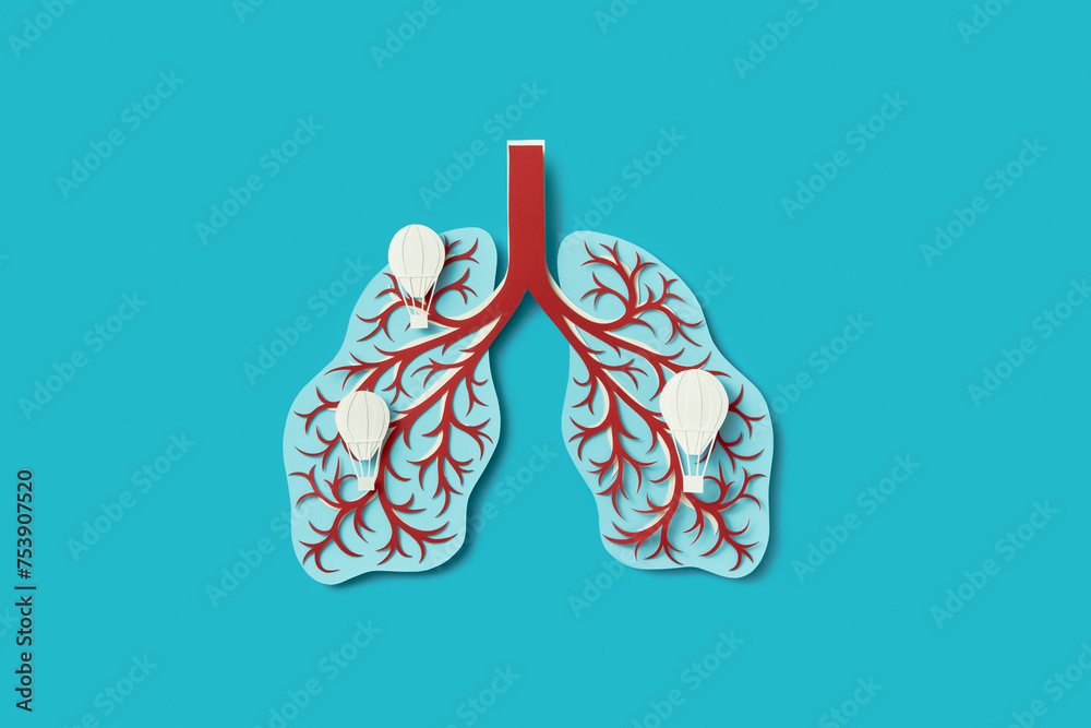 Papercraft infected human lungs with balloons over blue background ...