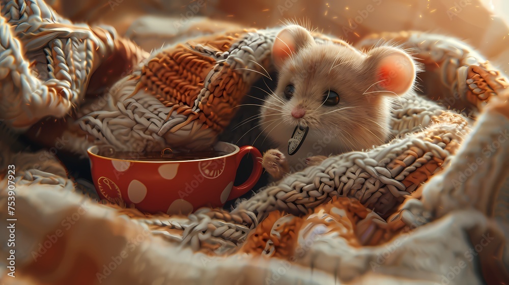 Nestled in a cozy blanket, the cute character sips from a tiny cup of ...