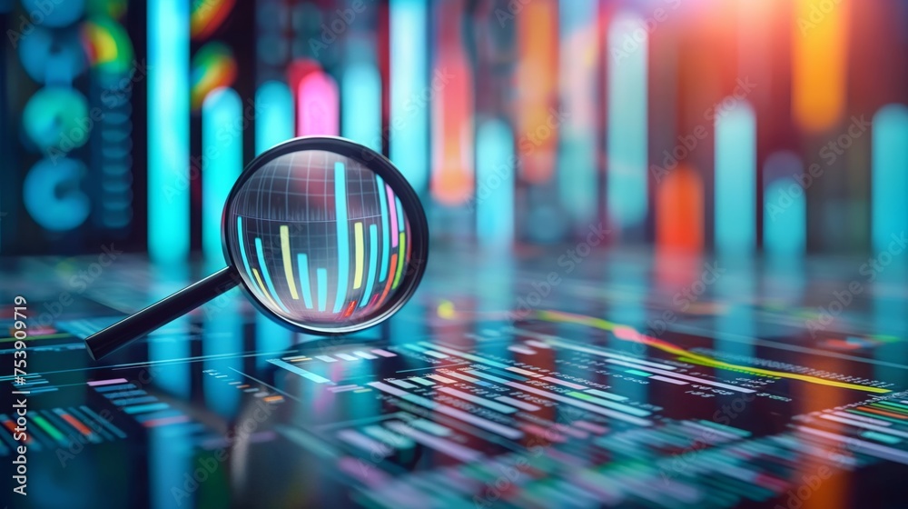 Magnifying glass over stock charts, graphs, and data visualizations ...