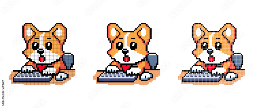 pixel art vector icon with a corgi dog typing on a computer with a ...