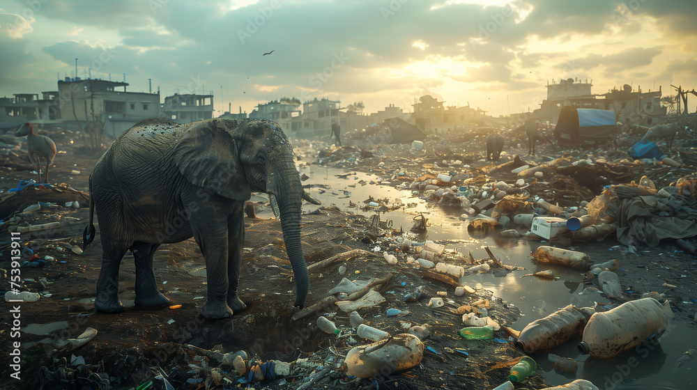 Elephant walking in a polluted wasteland on the outskirts of a city ...
