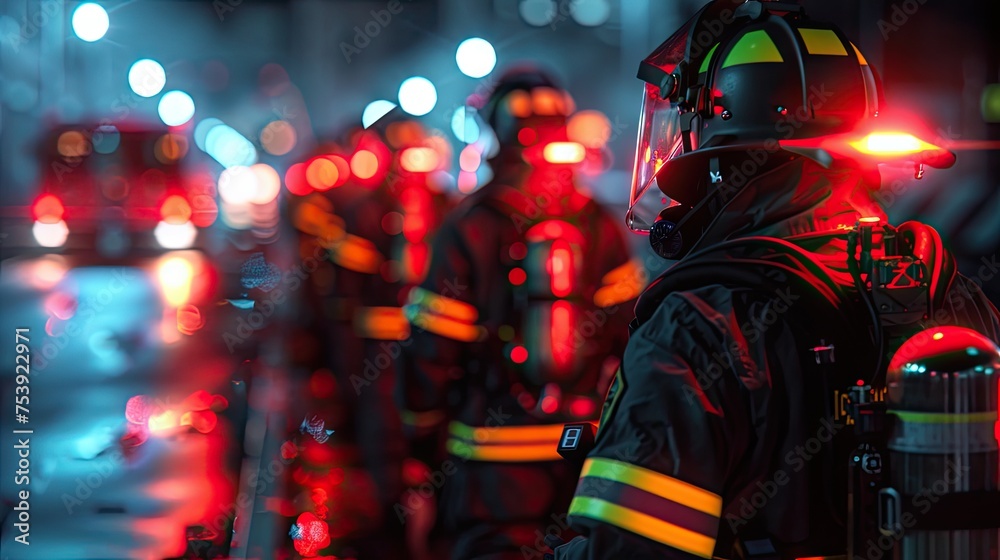 Illustration Of Line Of Determined Firefighters In Reflective Gear With ...