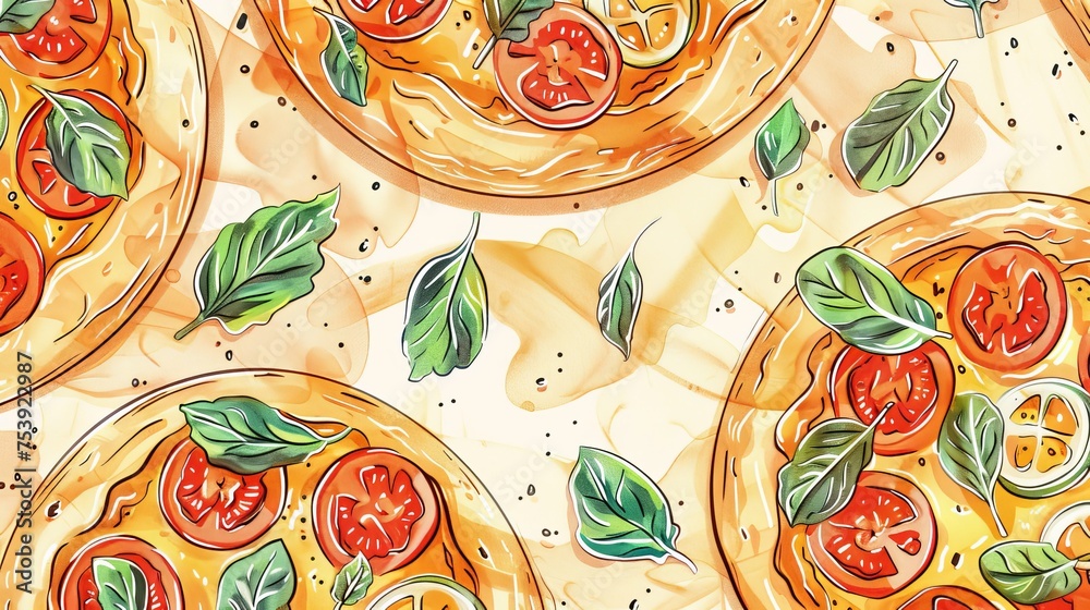 Artistic rendition of pizzas in vibrant illustration. Playful ...