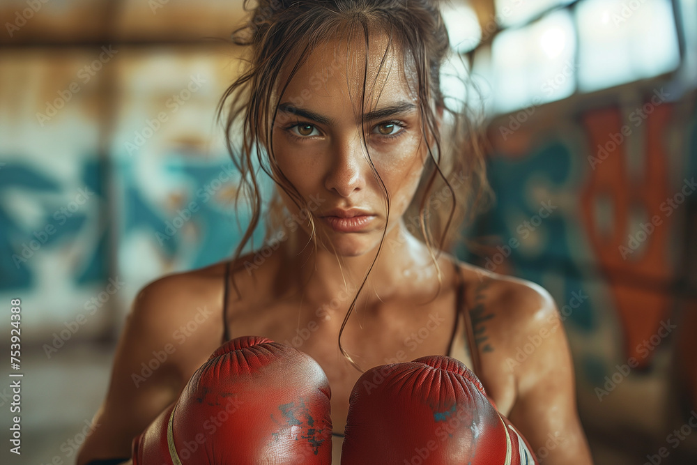 Chica deportista en un gimnasio moderno, practicando deporte extremo, boxeo, mirada desafiante ...