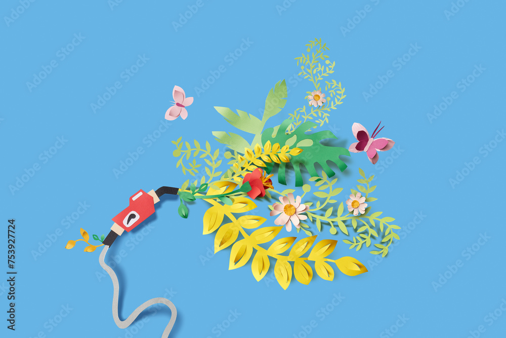 Papercraft gasoline pistol pump with blooming plants and butterflies ...