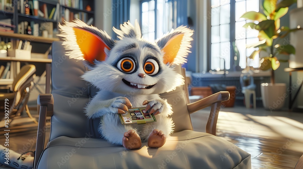 A lovable 3D animated character, with expressive eyes and a fluffy tail ...