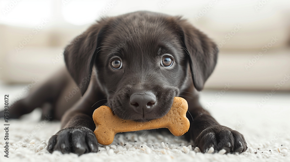 Jeune chien ou chiot de race labrador mange un os, animal mignon en 3D ...