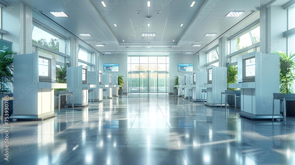 Modern empty polling station with electronic voting booths and large ...