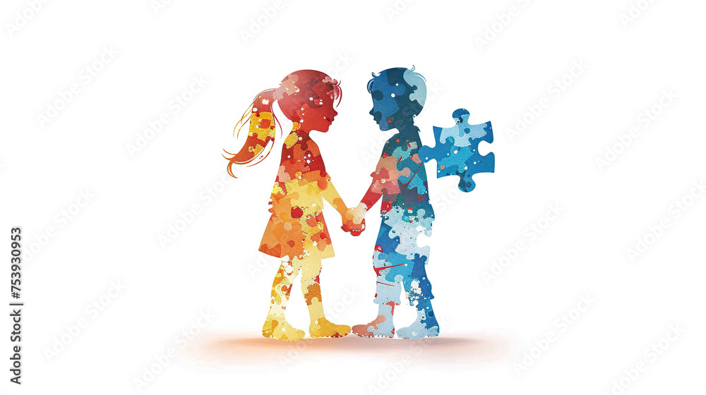 Autism Awareness Day, 2 April, autistic kids holding hands made up of ...