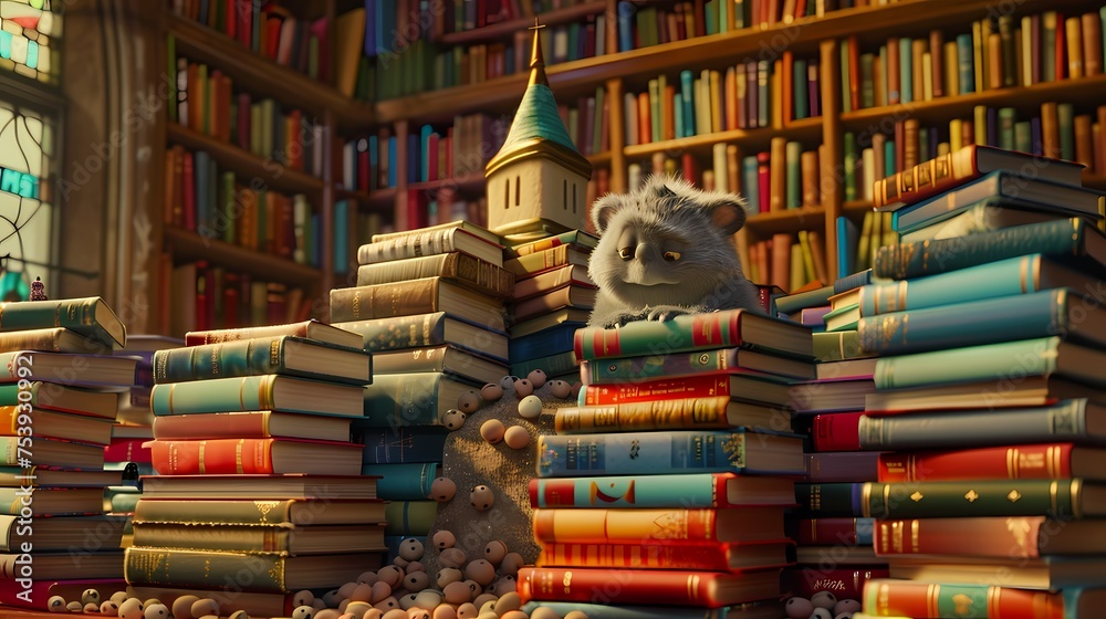 Surrounded by towering stacks of books, the adorable character builds a ...