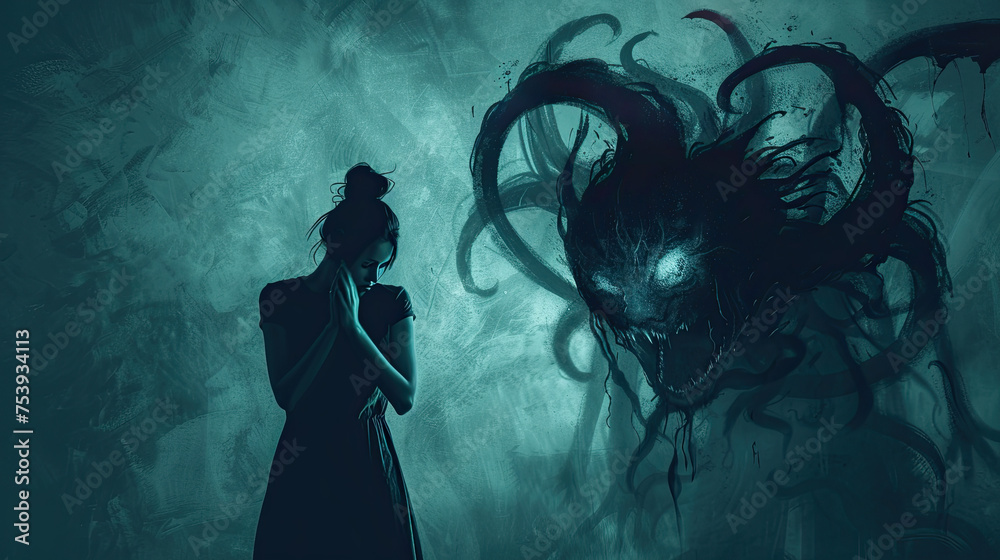 mental health awareness , a girl with her anxiety and depression as a ...