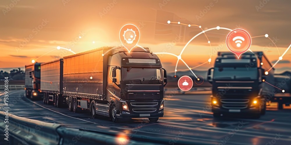 Semi-truck with cargo driving to transport delivery with digital data ...