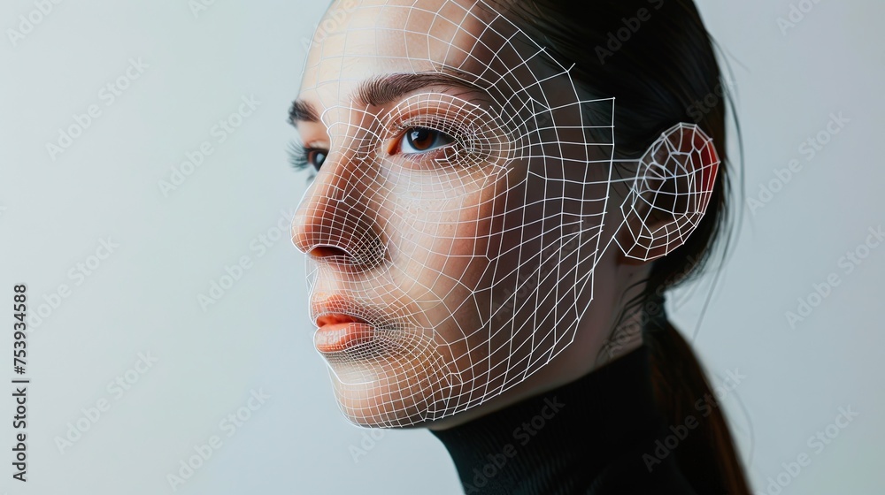 Woman's face with AI wireframe for artificial intelligence deepfakes ...