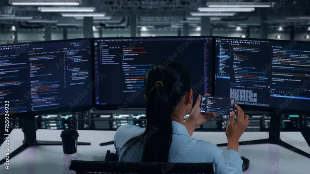Vidéo Stock Back View Of Happy Asian Woman Developer Looking At Code On ...