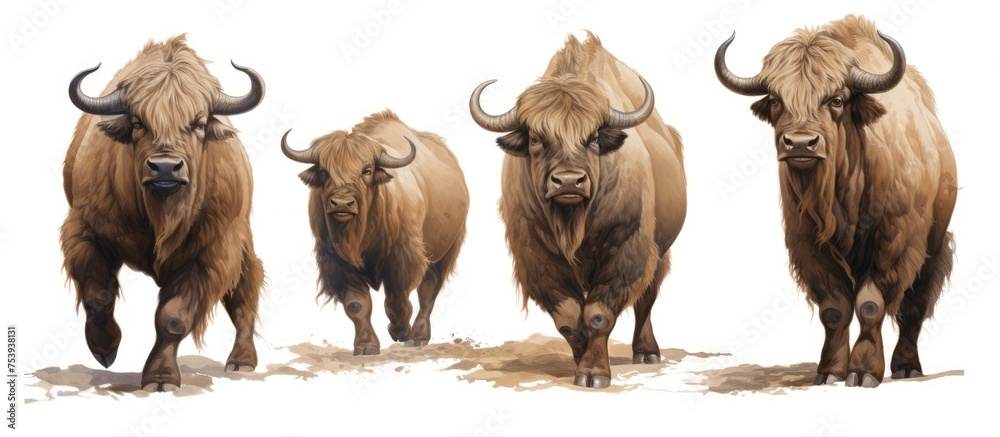 A group of bison is clustered closely together, standing side by side ...