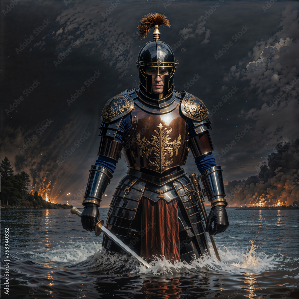 a middle-aged man, a Roman legionnaire, dressed in an ornate lorica ...