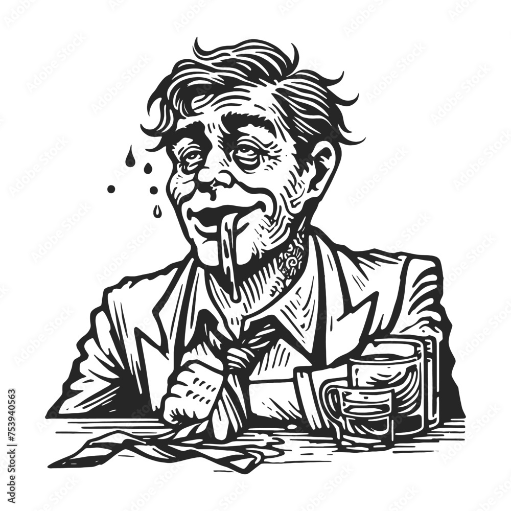 inebriated drunk man resting his head on one hand with a beer mug on ...