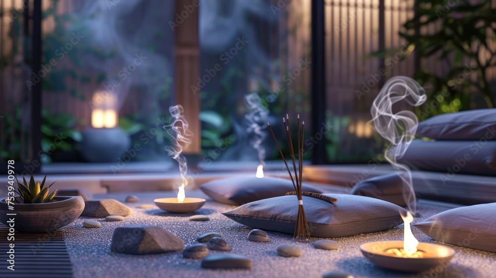 Tranquil Meditation Space With Incense And Zen Garden. Serene ...