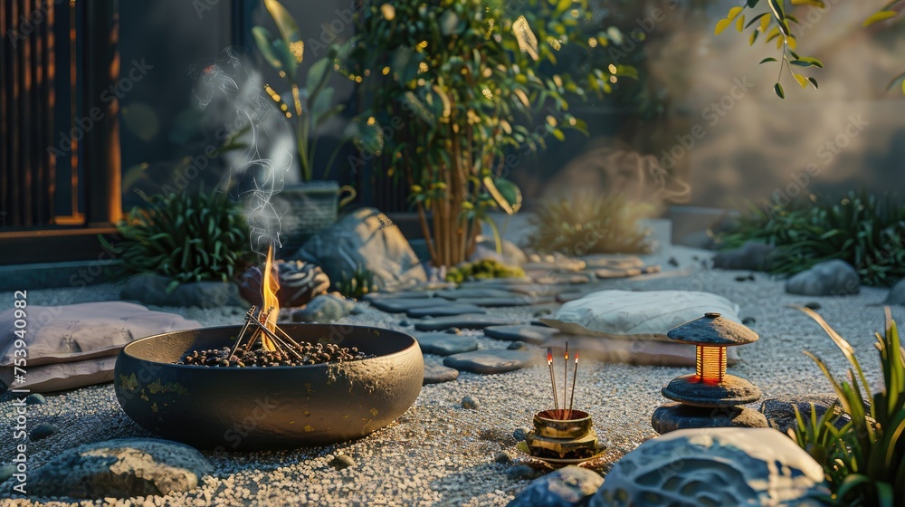 Tranquil Meditation Space With Incense And Zen Garden. Serene ...