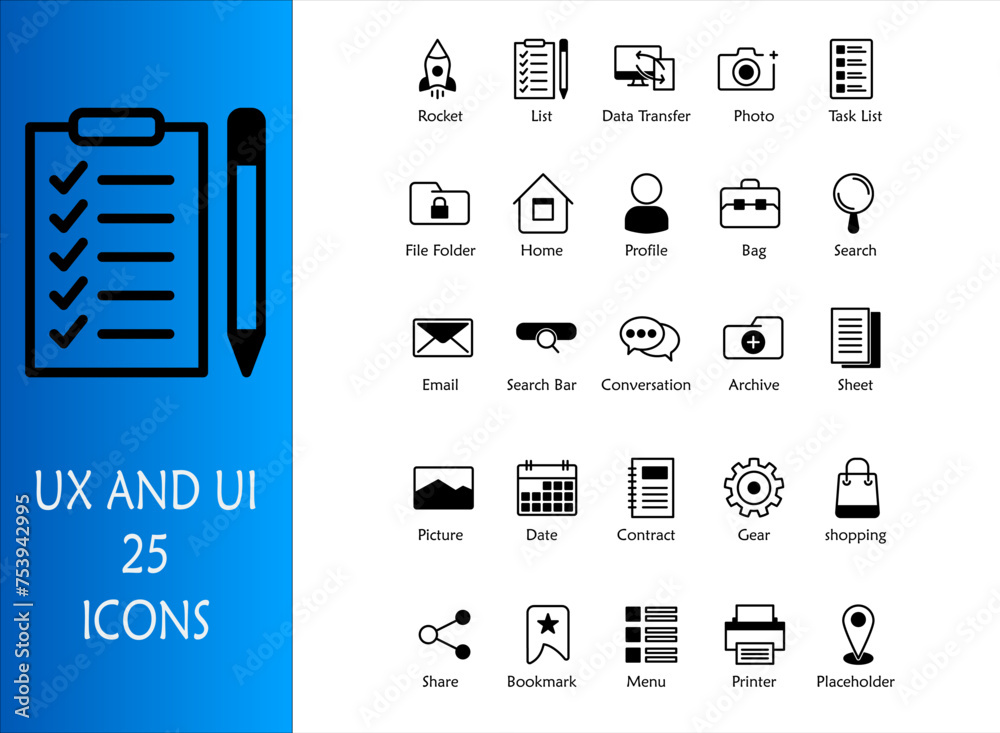 UX and UI icon set. Containing list,data transfer,photo,task list,file ...