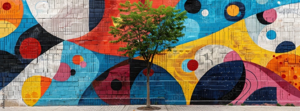 Dynamic street mural blending abstract shapes and a flourishing tree ...