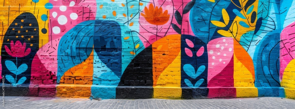 Whimsical street mural with vibrant, stylized floral patterns on a ...