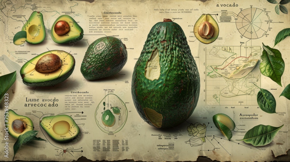 Vintage-style conceptual artwork of avocado with detailed diagrams ...