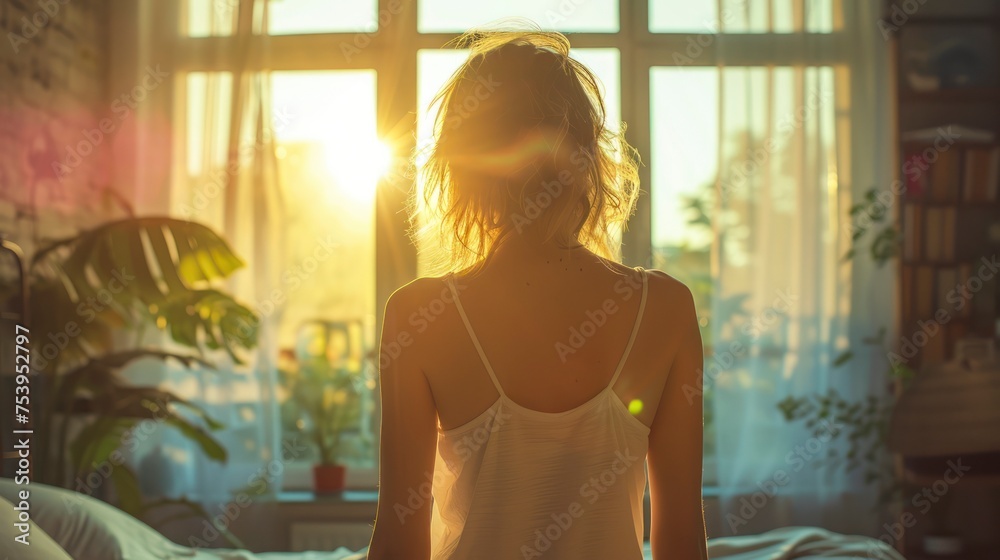 Beautiful woman is waking up in the morning. Happy young girl greets ...