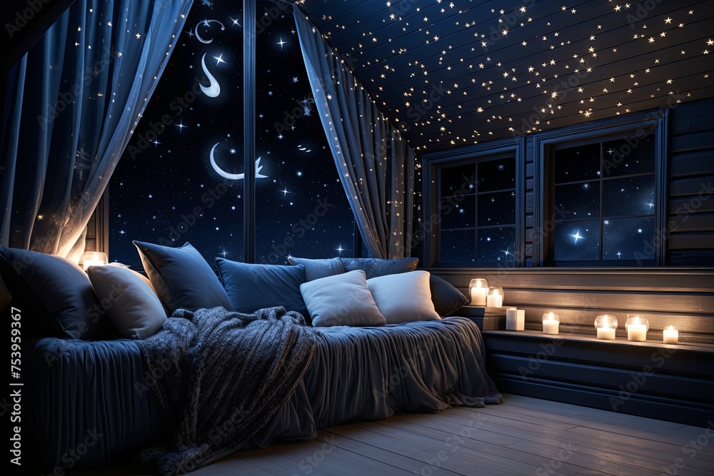 Starry Night Bedroom Luxury: Celestial-Themed Decor Elements Stock ...