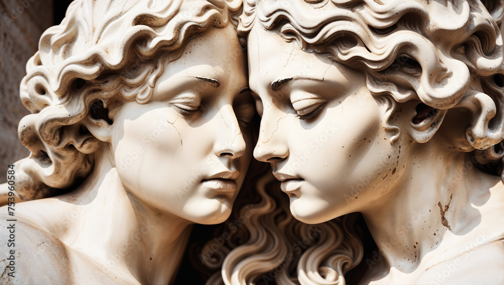 Divine beauty of Greek like carved marble stone statue of twin sisters ...