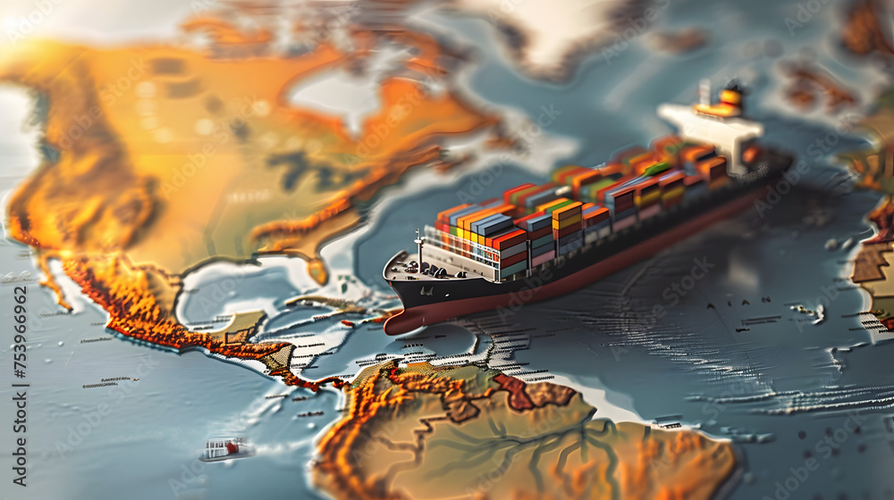 Container ship model on world map , transcontinental transportation or ...
