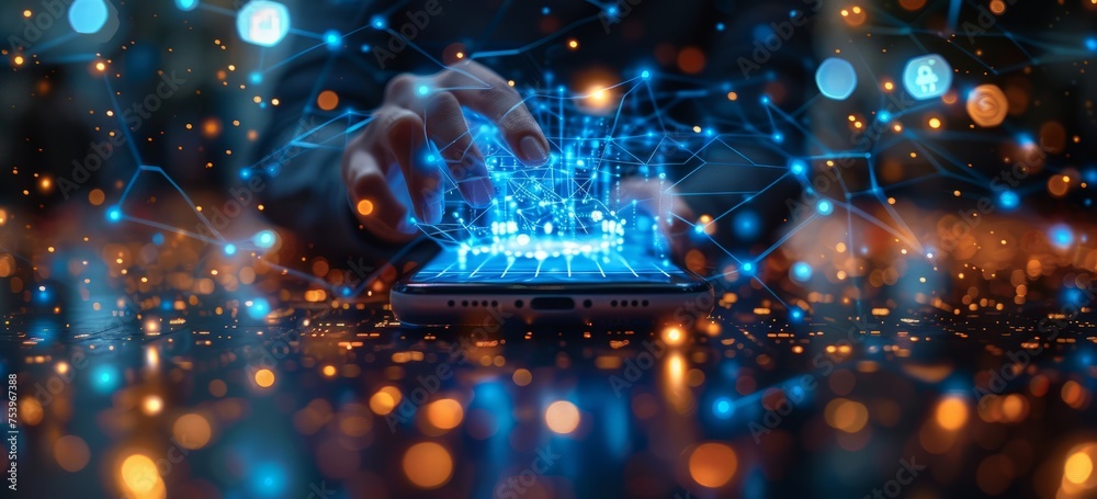 A person holds an iPad with digital safety symbols floating above the ...