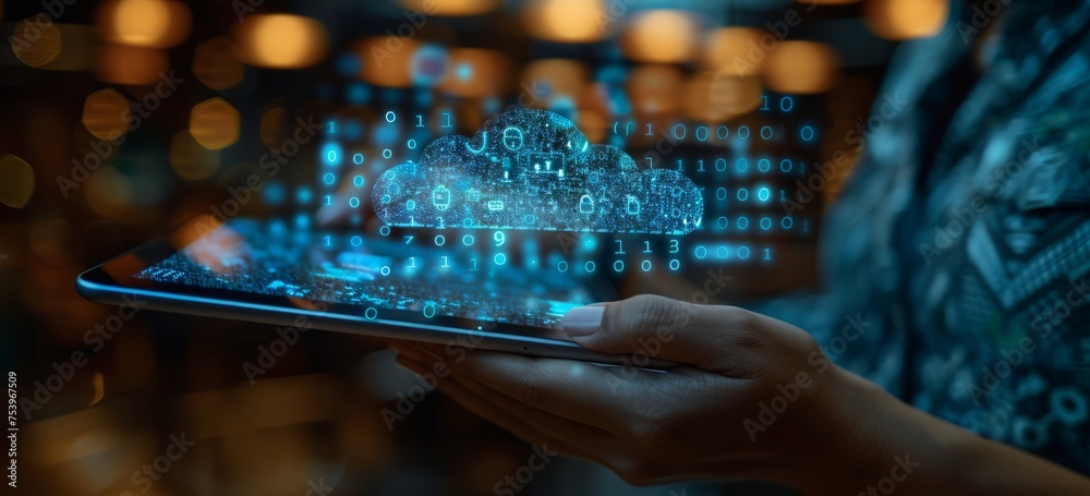 A person holds an iPad with digital safety symbols floating above the ...