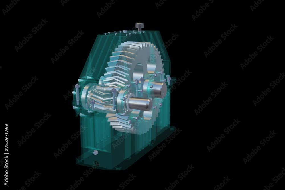 Gearbox animation with a transparent housing. Mechanical rotating ...