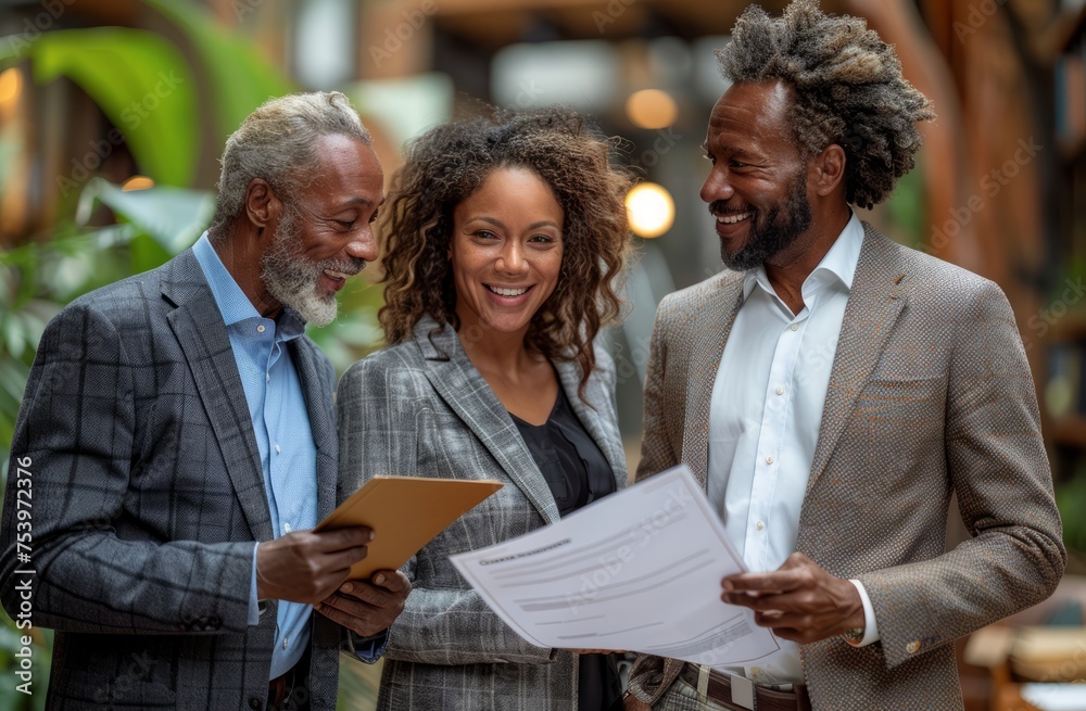 Three business men in suits stood talking and laughing together. They ...