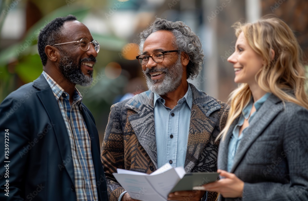 Three business men in suits stood talking and laughing together. They ...