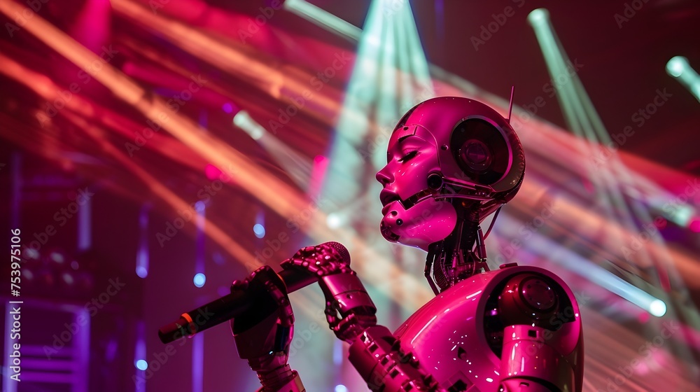 A robot is singing into a microphone on stage with vibrant pink and ...