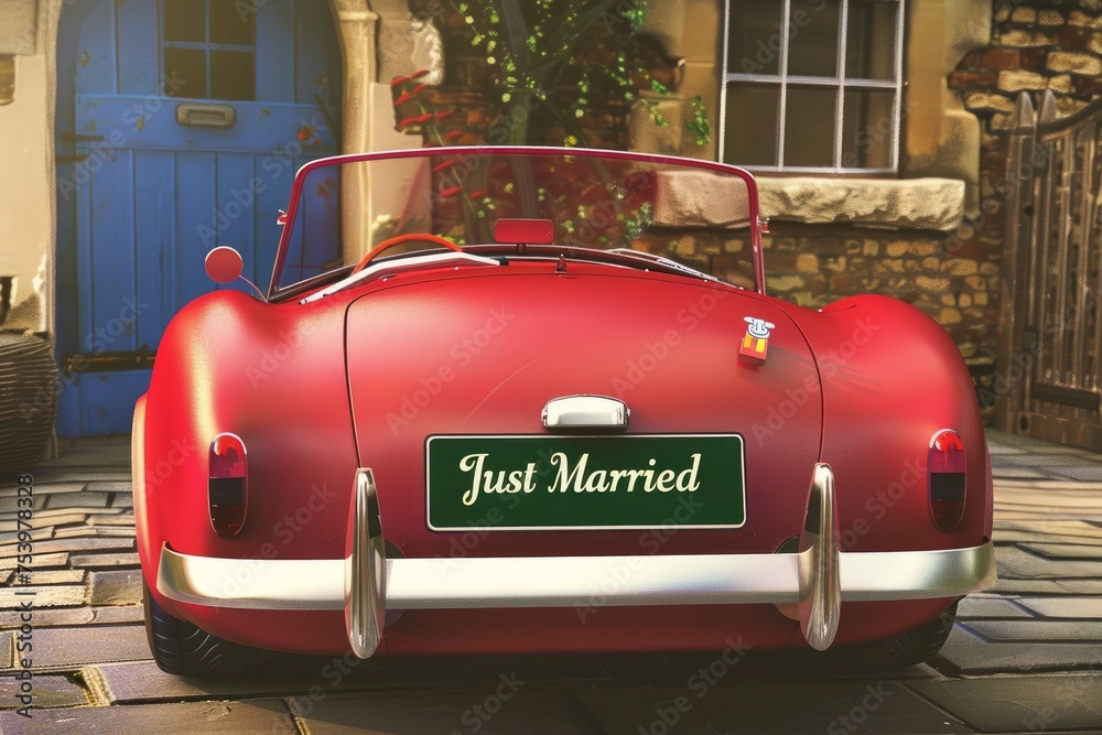 Vintage car with Just Married written in cursive font on number plate ...
