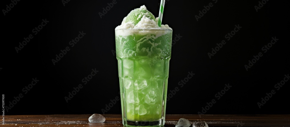 A green drink with a straw inserted in it, likely a soda float made ...