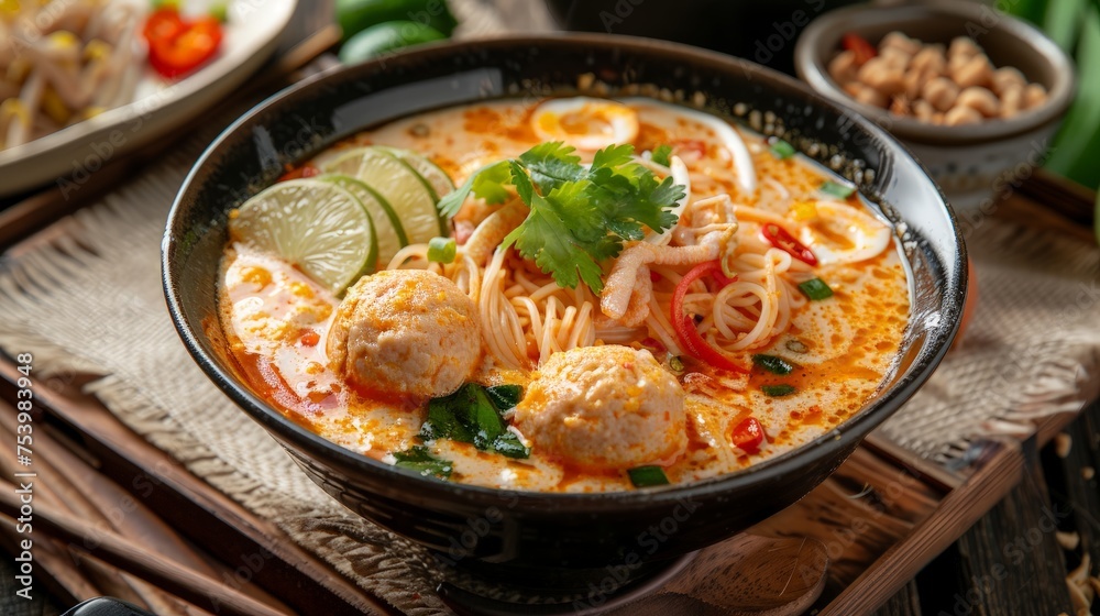 Instant Noodles with Tom Yum Soup Creamy Spicy Served Mixed Minced Pork ...