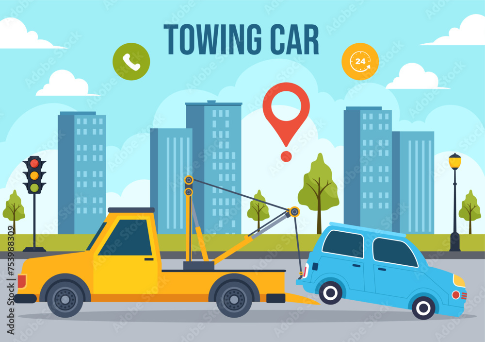 Auto Towing Car Vector Illustration Using a Truck with Roadside ...