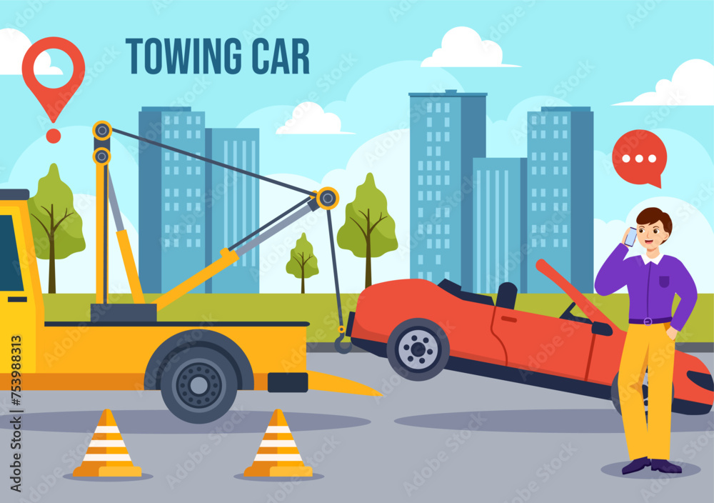 Auto Towing Car Vector Illustration Using a Truck with Roadside ...