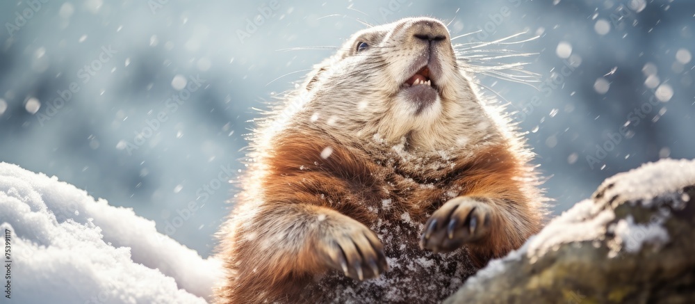 A groundhog is captured standing on its hind legs in the snow ...