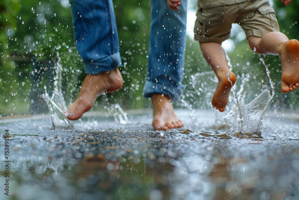 A close-up of a modern parent and their child's feet jumping into a puddle, splashing water ...
