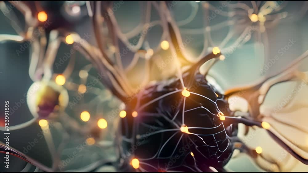 Neurons with glowing synapses, concept for Brain Computer Interface BCI application and neural ...