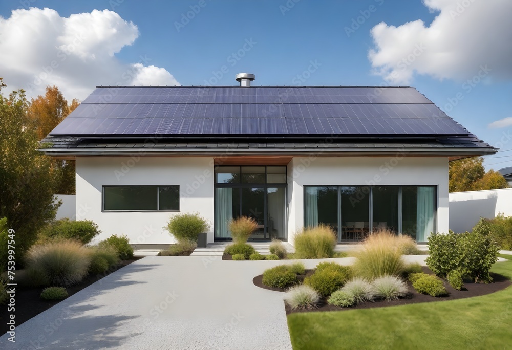 New suburban house with a photovoltaic system on the roof. Modern eco ...