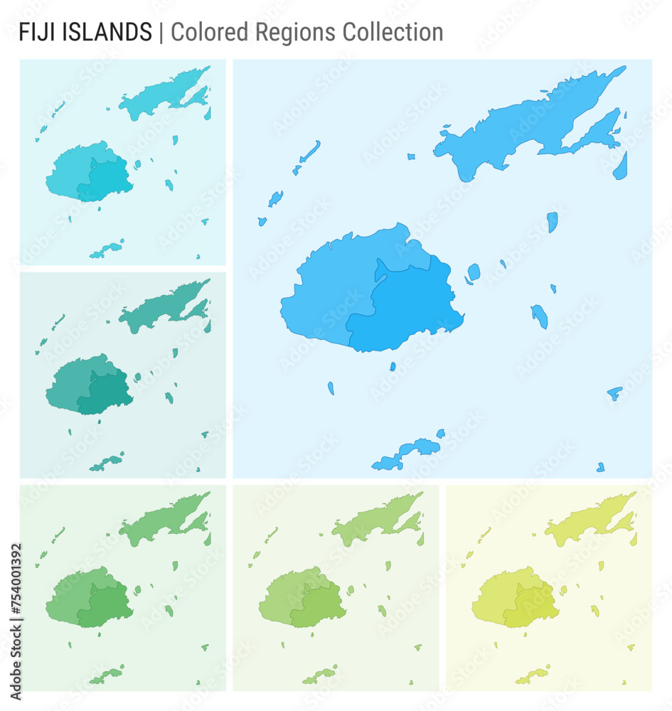 Fiji map collection. Country shape with colored regions. Light Blue ...