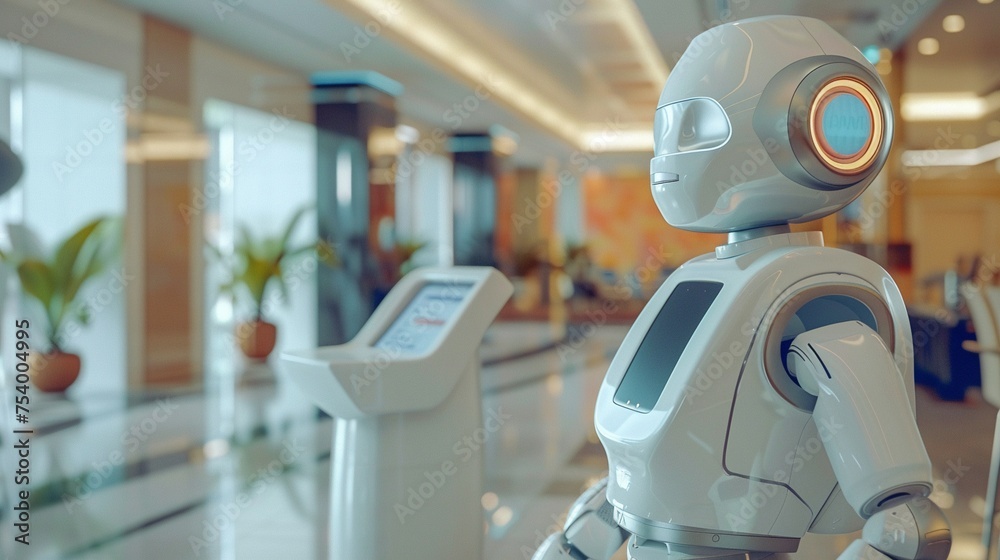 Futuristic AI customer service bots versus self-service kiosks Stock ...